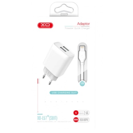 XO 2-port USB wall charger L57 2.4A + lightning kabl 1m, bijela | Plus